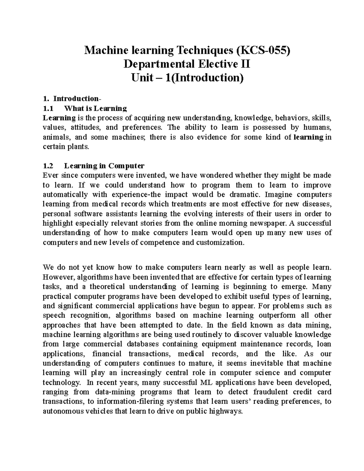 Unit 1 MLT Lecture Notes 1 Machine Learning Techniques KCS 055