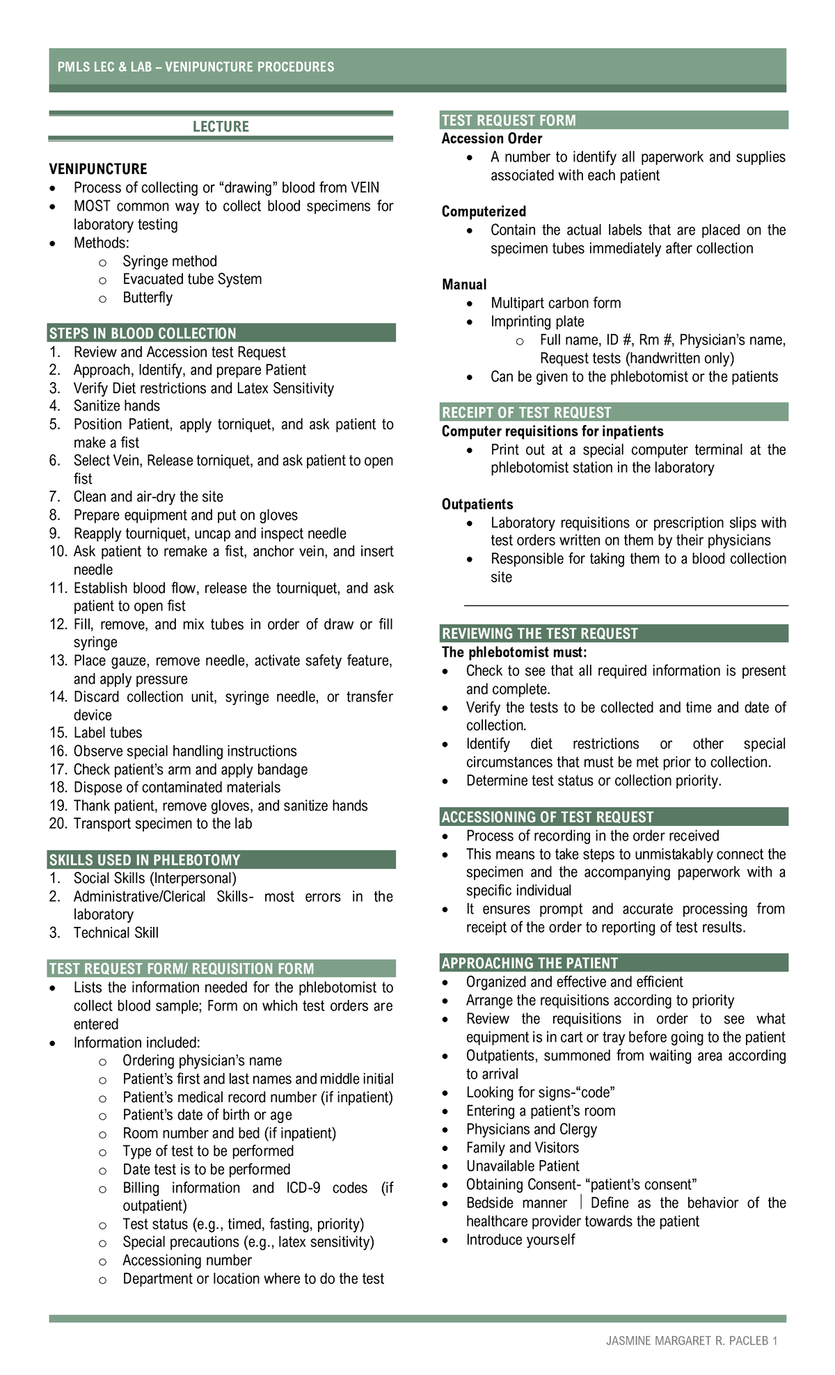 PMLS LEC Venipuncture Procedures - LECTURE VENIPUNCTURE Process of ...