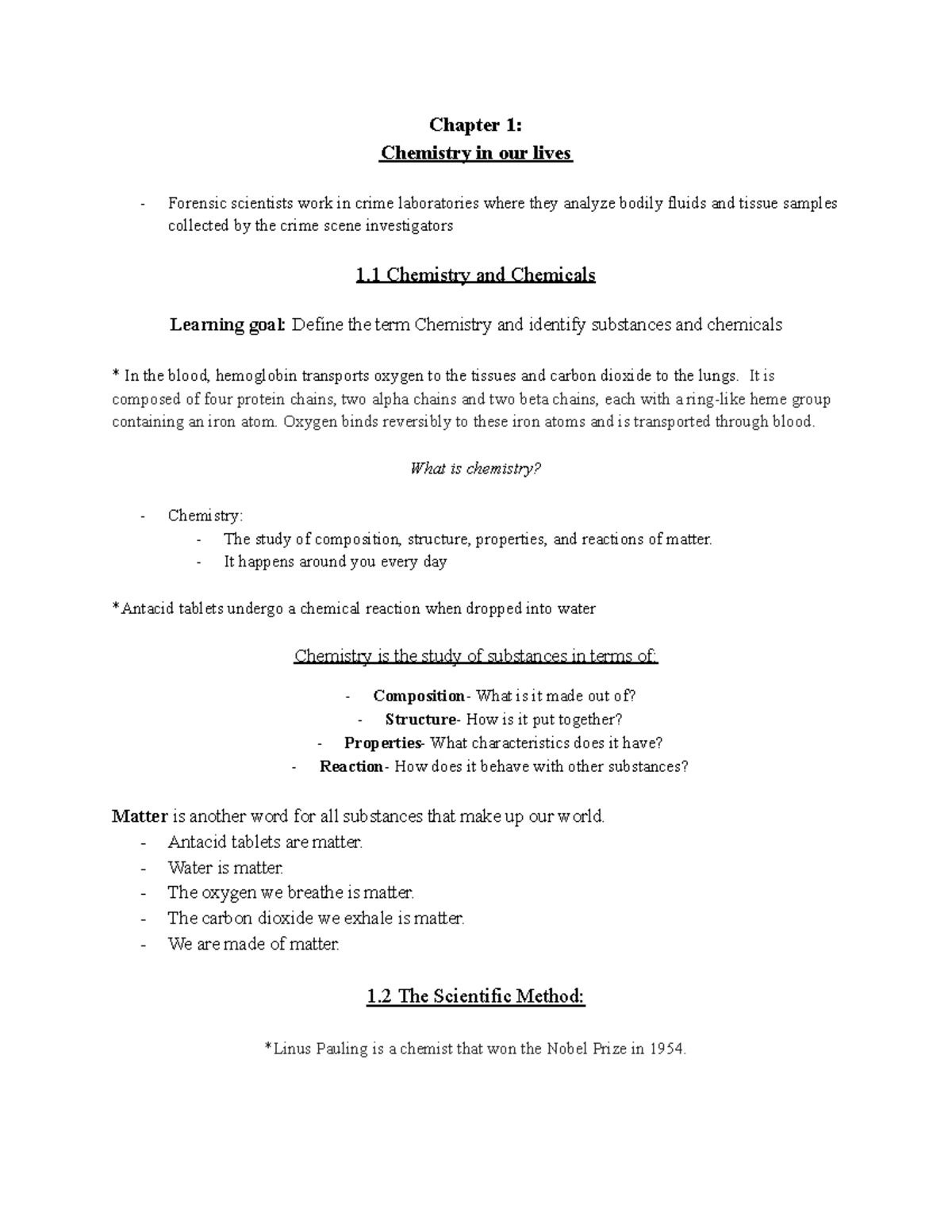 Chapter 1 Notes - Chapter 1: Chemistry in our lives Forensic scientists ...