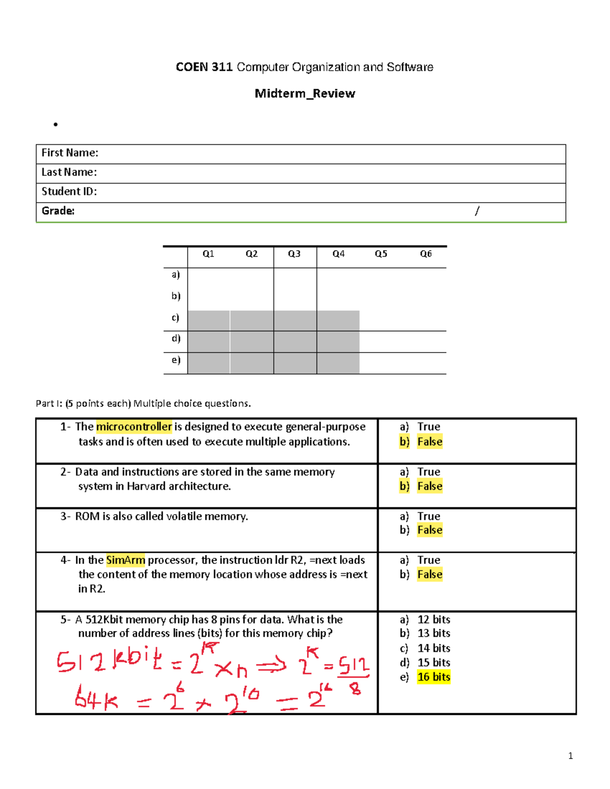 Mid Review 1 Sol - COEN 311 Computer Organization and Software Midterm ...