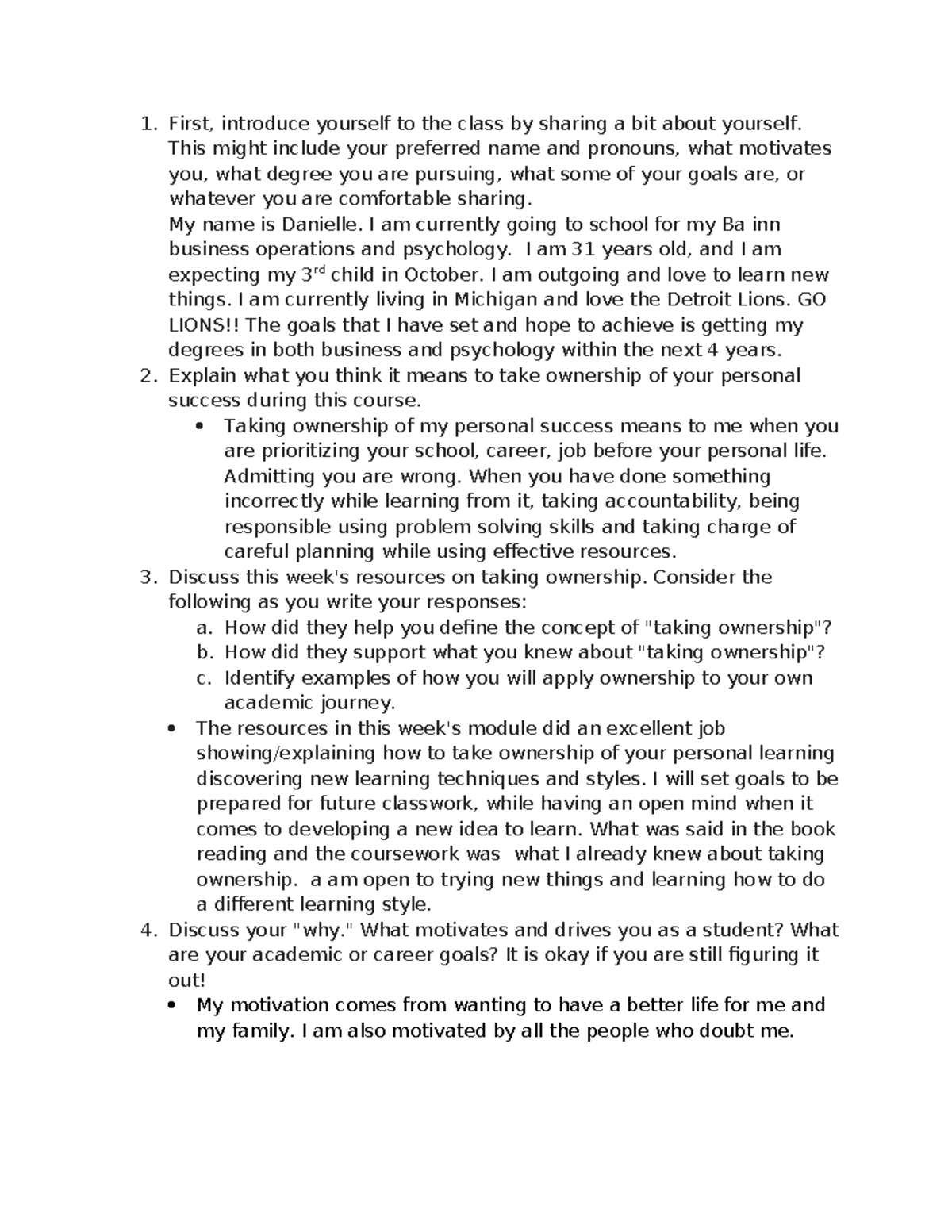 Document 1 - .... - First, introduce yourself to the class by sharing a ...