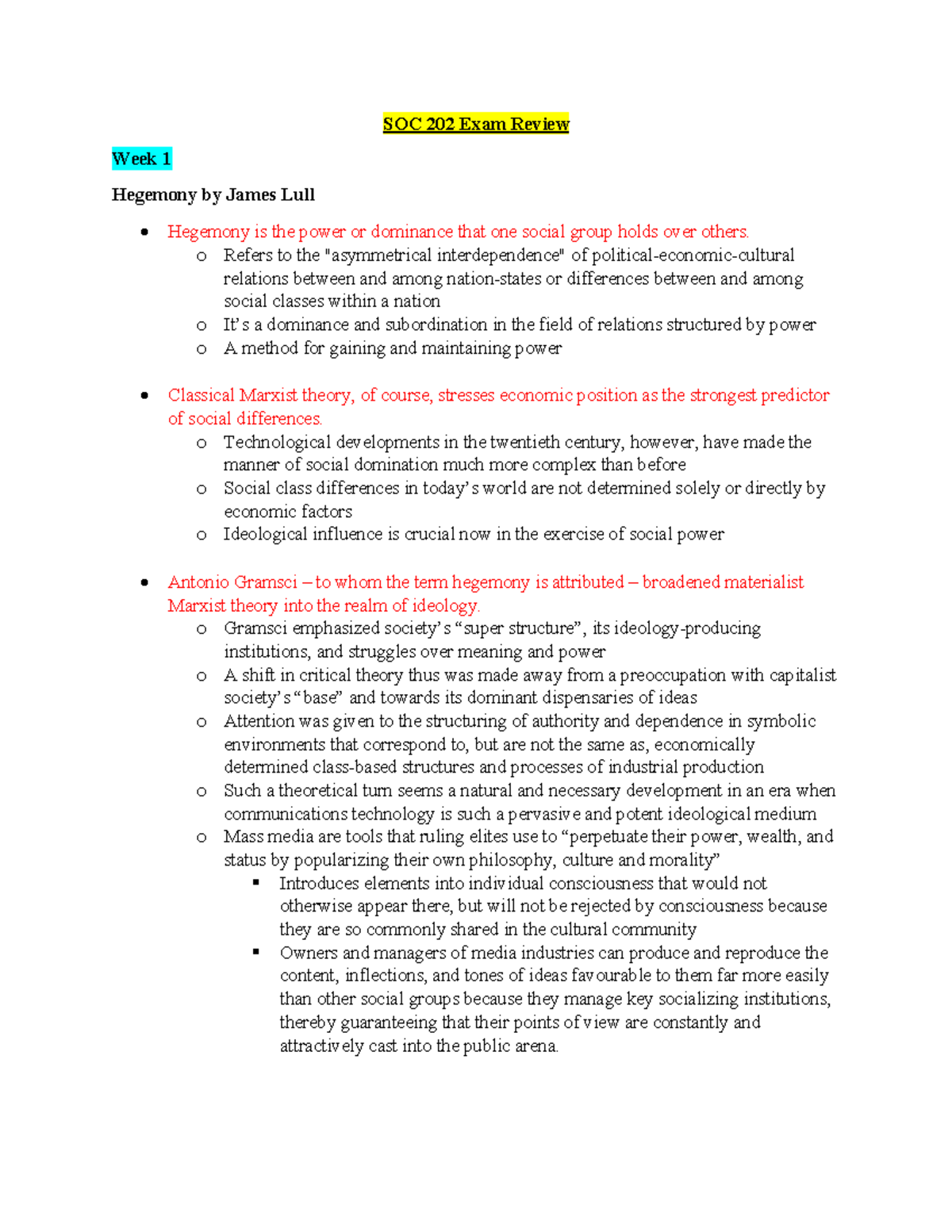 SOC 202 Exam Review - SOC 202 Exam Review Week 1 Hegemony by James Lull ...