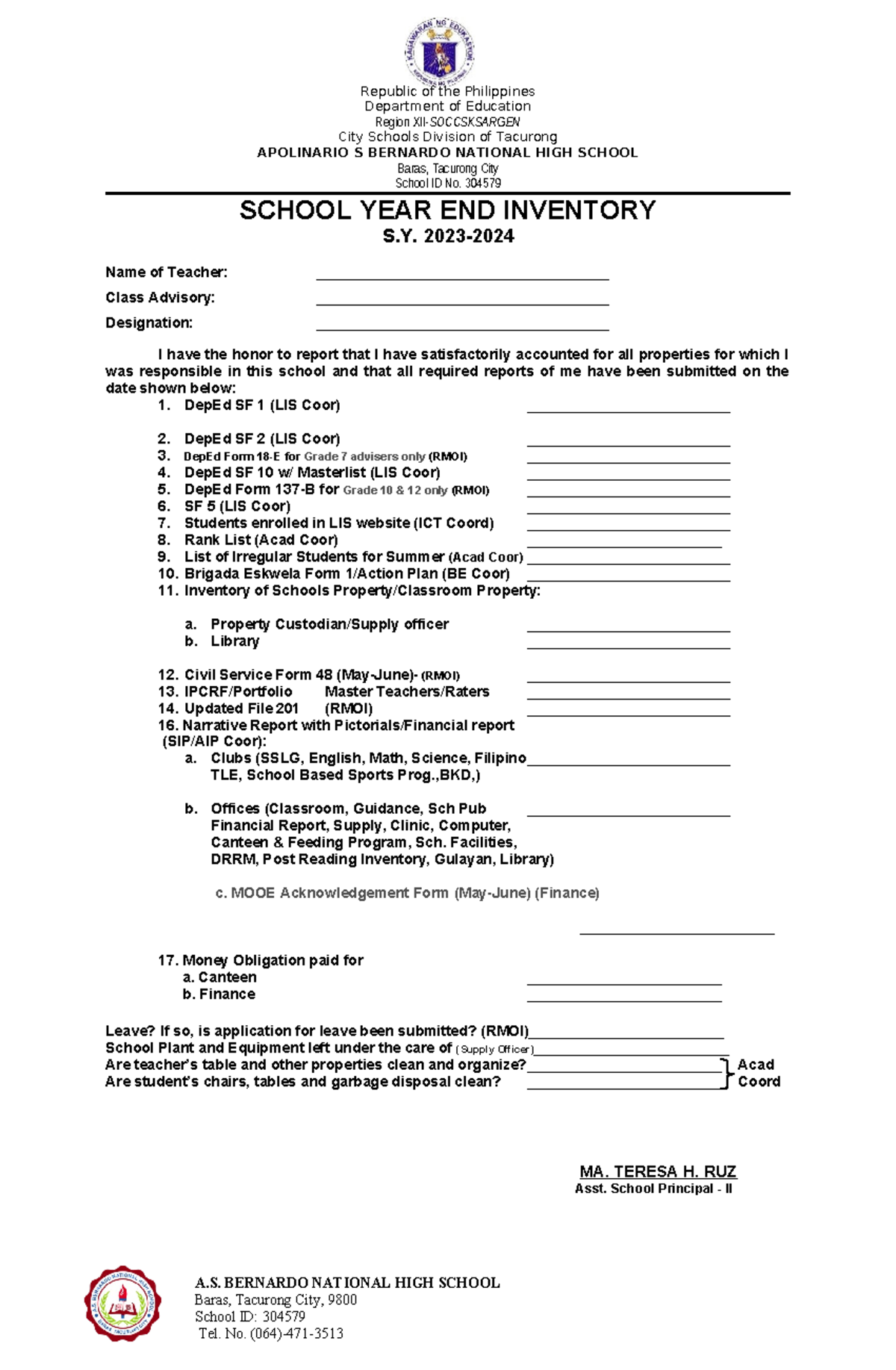School YEAR END Inventory - Republic of the Philippines Department of ...