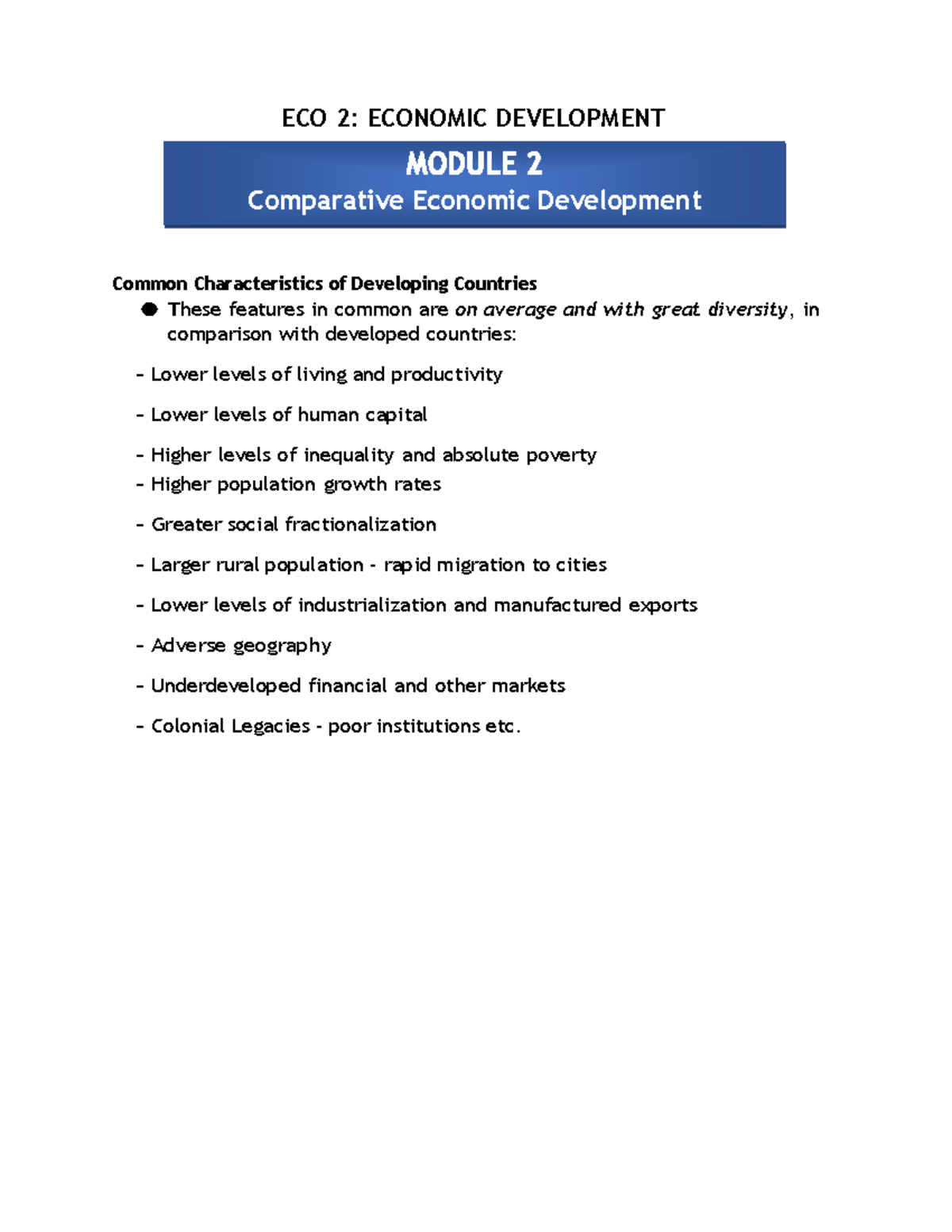 Module 2 - Comparative Economic Development Key Points - ECO 2 ...