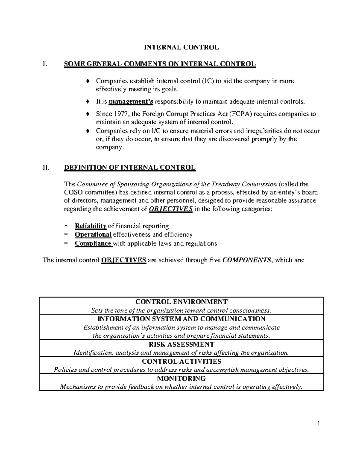 General Internal Control-notes - INTERNAL CONTROL I. SOME GENERAL ...
