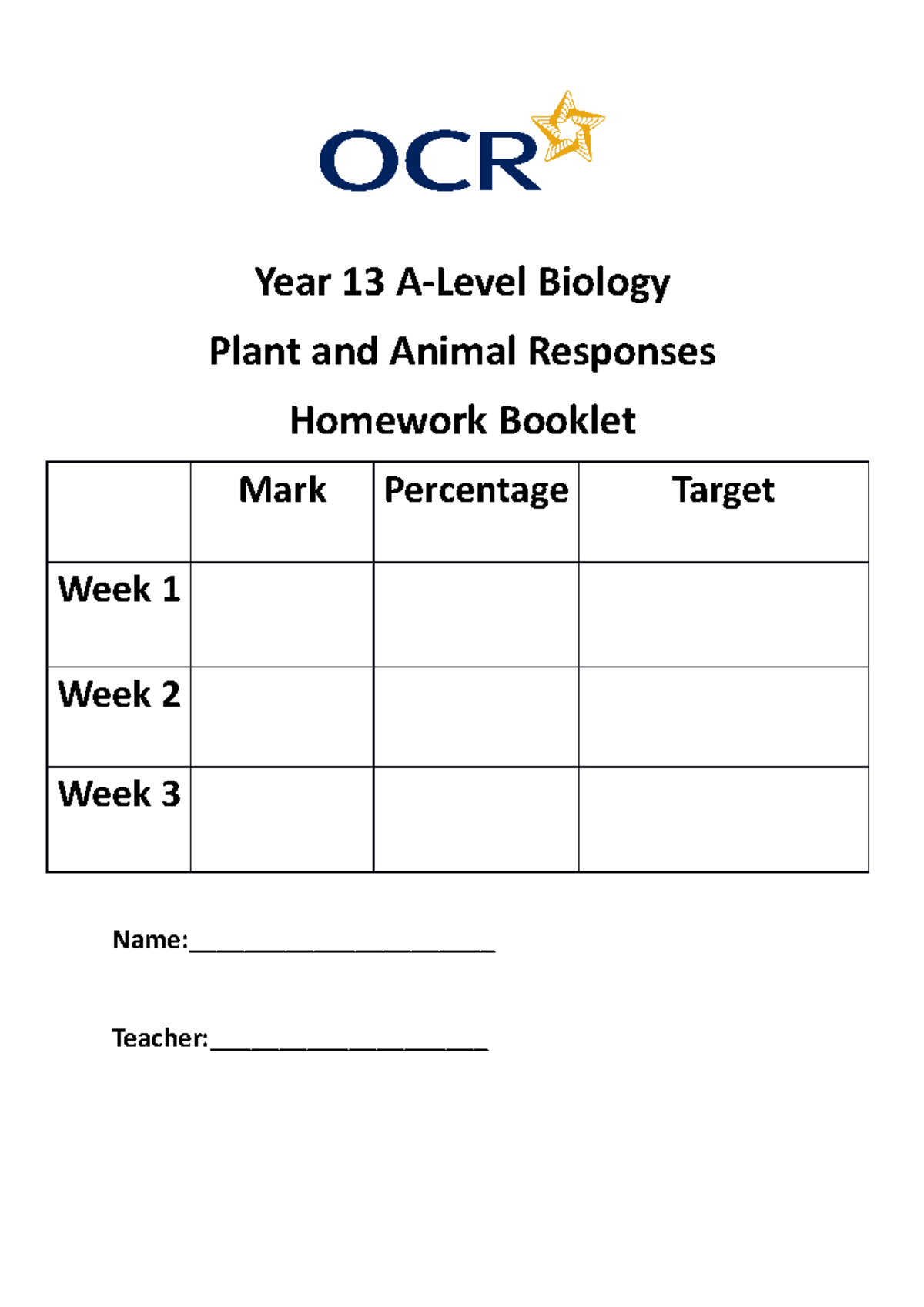 Plant Animal Responses Homework Booklet - Year 13 A-Level Biology Plant ...