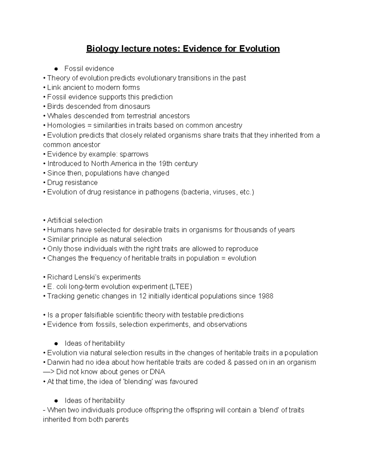 Biology lecture notes Evidence for Evolution - ) Artificial selection ...