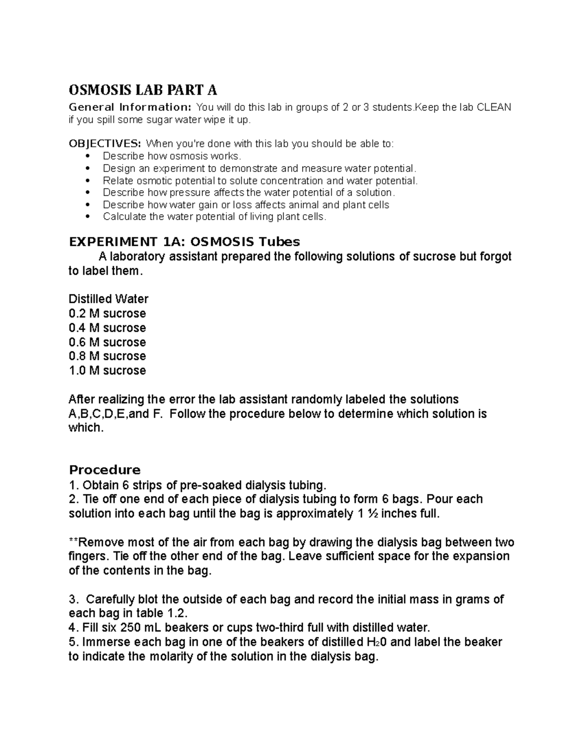 Osmosis Lab Part A - Biology - OSMOSIS LAB PART A General Information ...