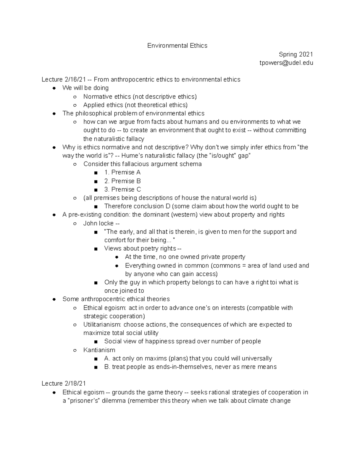 UAPP 448 Notes - Environmental Ethics Spring 2021 tpowers@udel Lecture ...