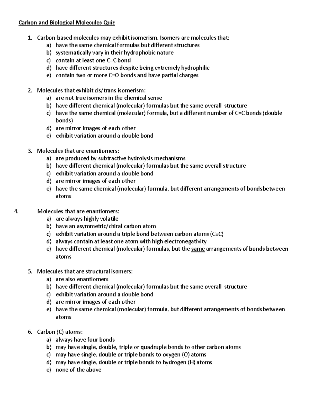 Carbon and Biological Molecules Quiz - Carbon and Biological Molecules ...