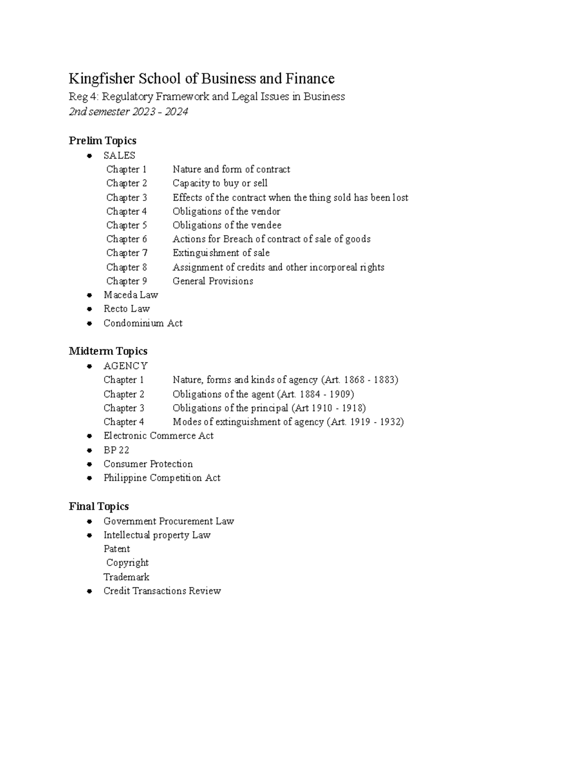 REG 4 Topics - Kingfisher School of Business and Finance Reg 4 ...