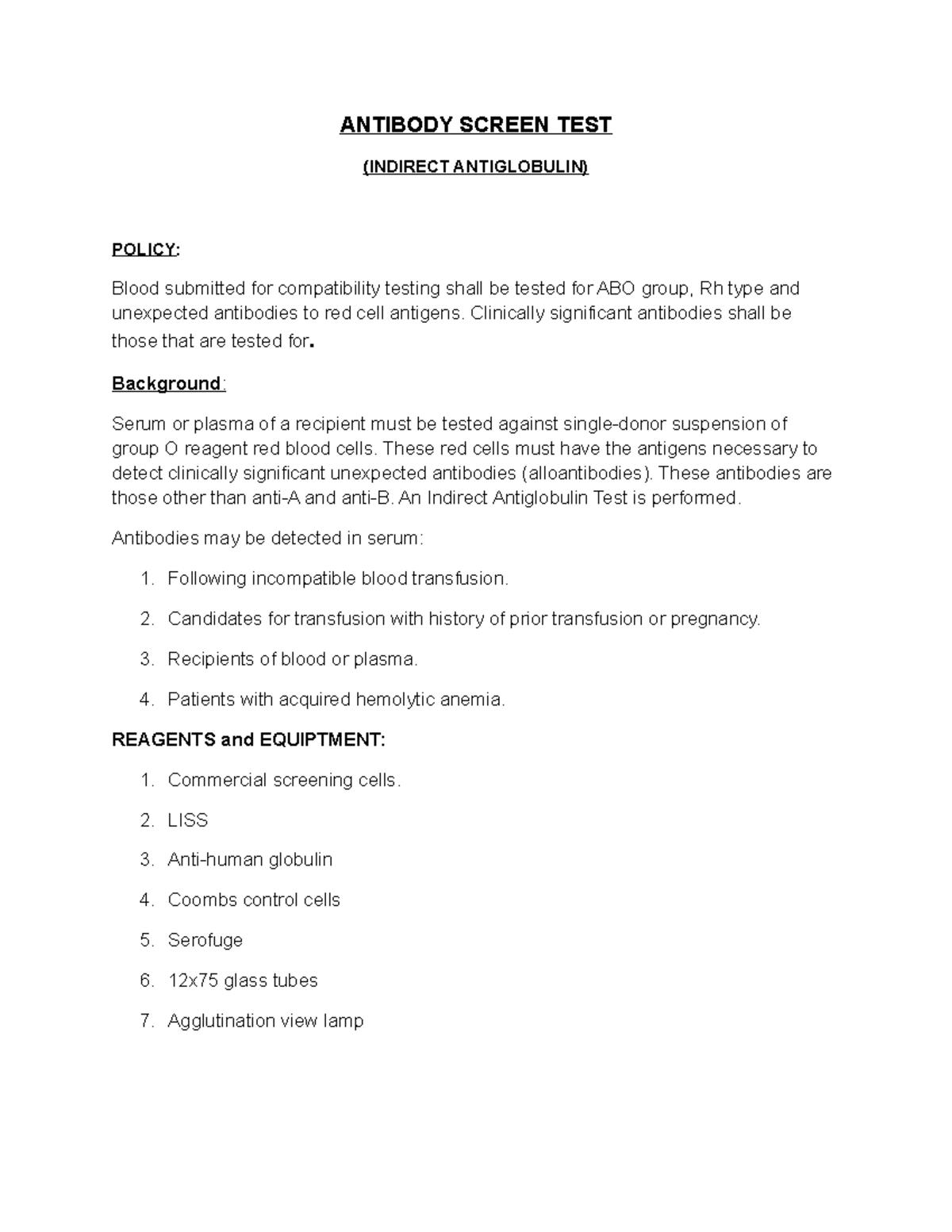Antibody Screen Procedure - ANTIBODY SCREEN TEST (INDIRECT ANTIGLOBULIN ...