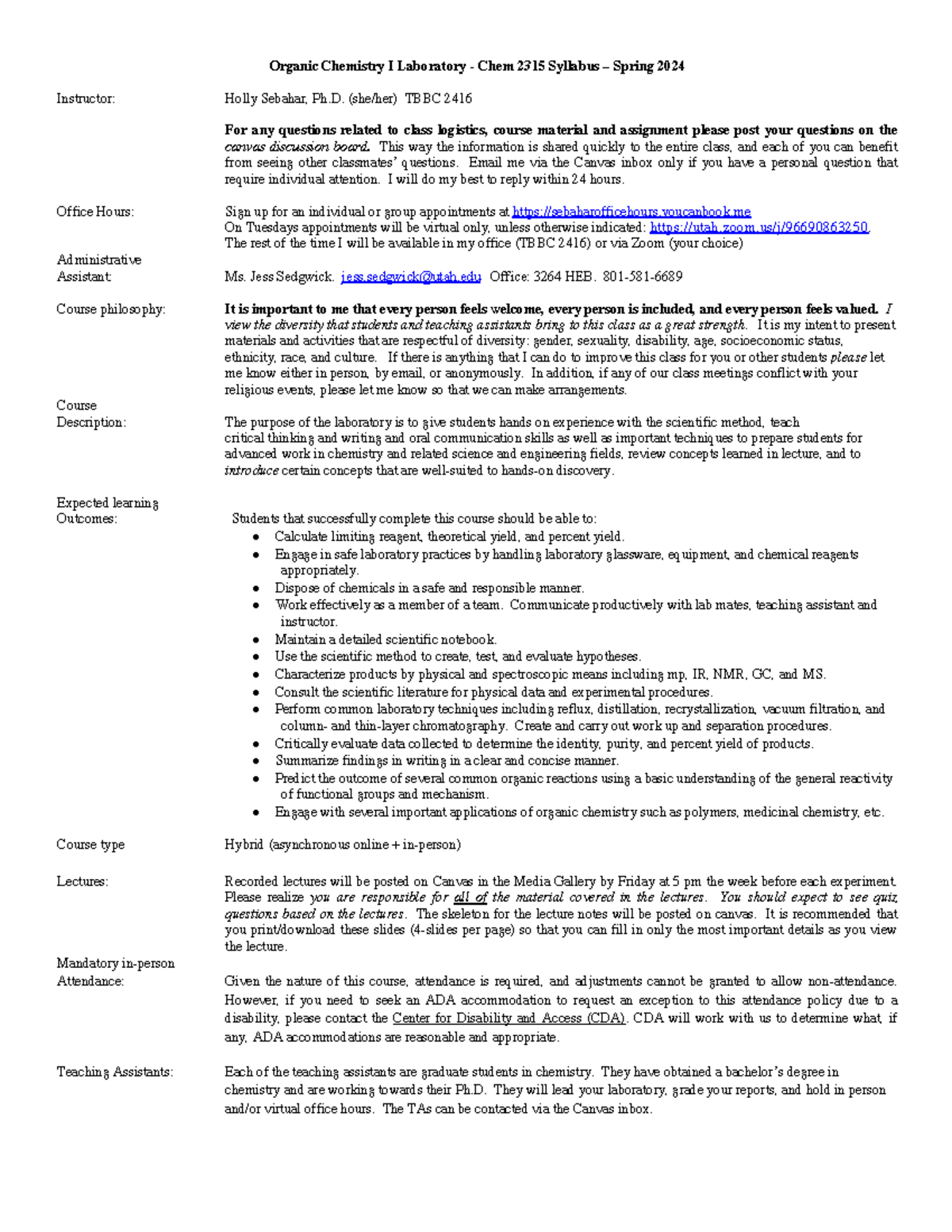 2315 Syllabus and Lab Schedule Sp24 - Organic Chemistry I Laboratory ...