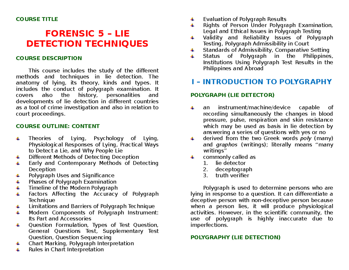 Lie Detection Techniques MTE - COURSE TITLE FORENSIC 5 – LIE DETECTION TECHNIQUES COURSE ...