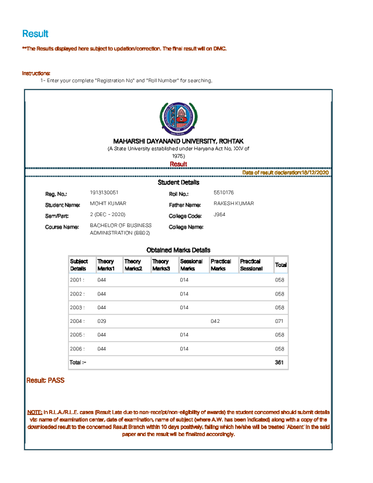 BBA.2nd sem result - For BBA students - MAHARSHI DAYANAND UNIVERSITY ...