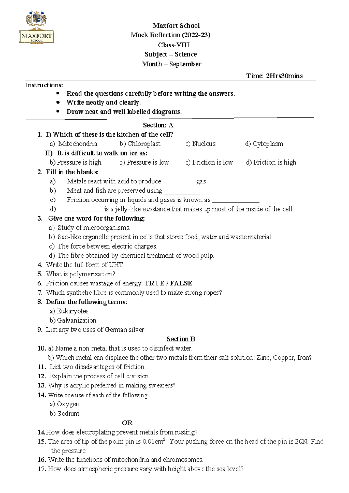 MOCK TEST Class 8 SA1-converted - Maxfort School Mock Reflection (2022 ...