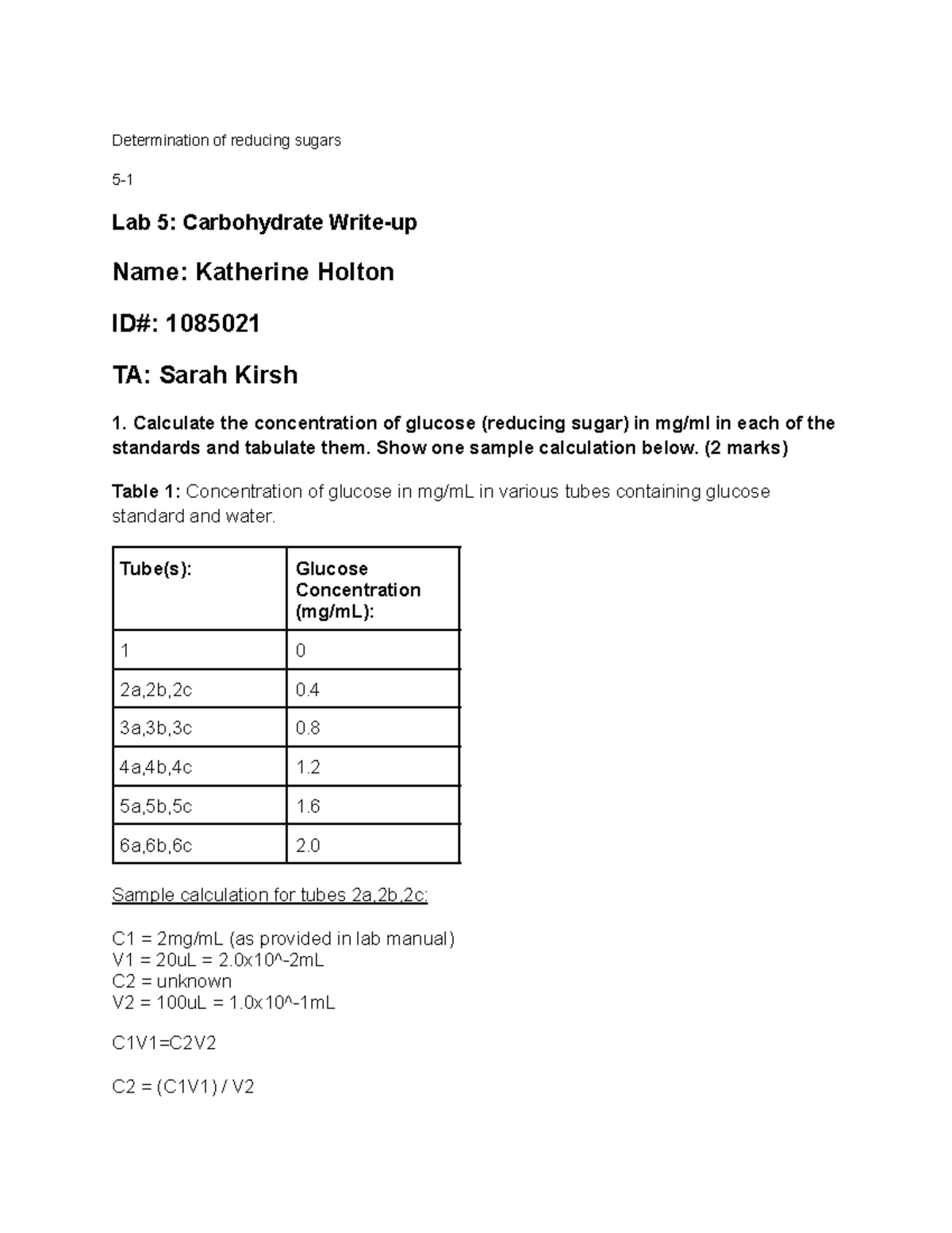 Carbohydrate Lab Write-Up Microbiology Lab - Determination of reducing ...
