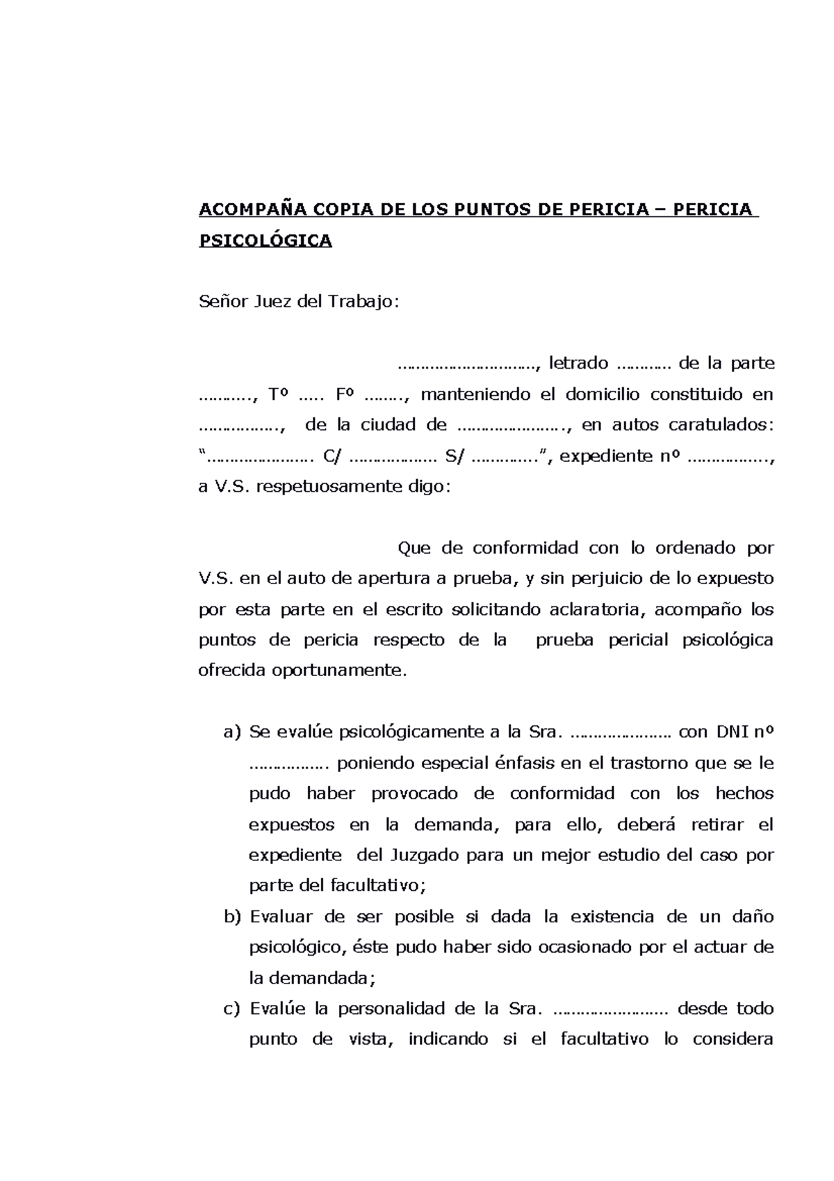 Acompaña puntos de pericia - ACOMPAÑA COPIA DE LOS PUNTOS DE PERICIA ...