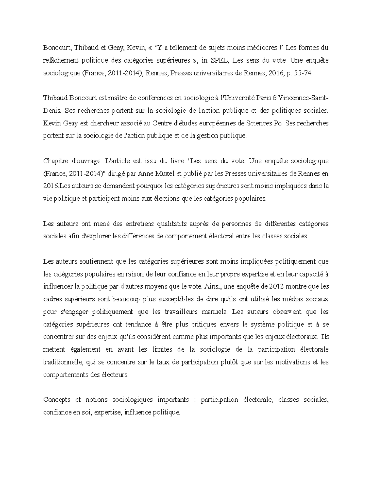 Fiche de lecture 5 - Boncourt, Thibaud et Geay, Kevin, « ‘Y a tellement ...