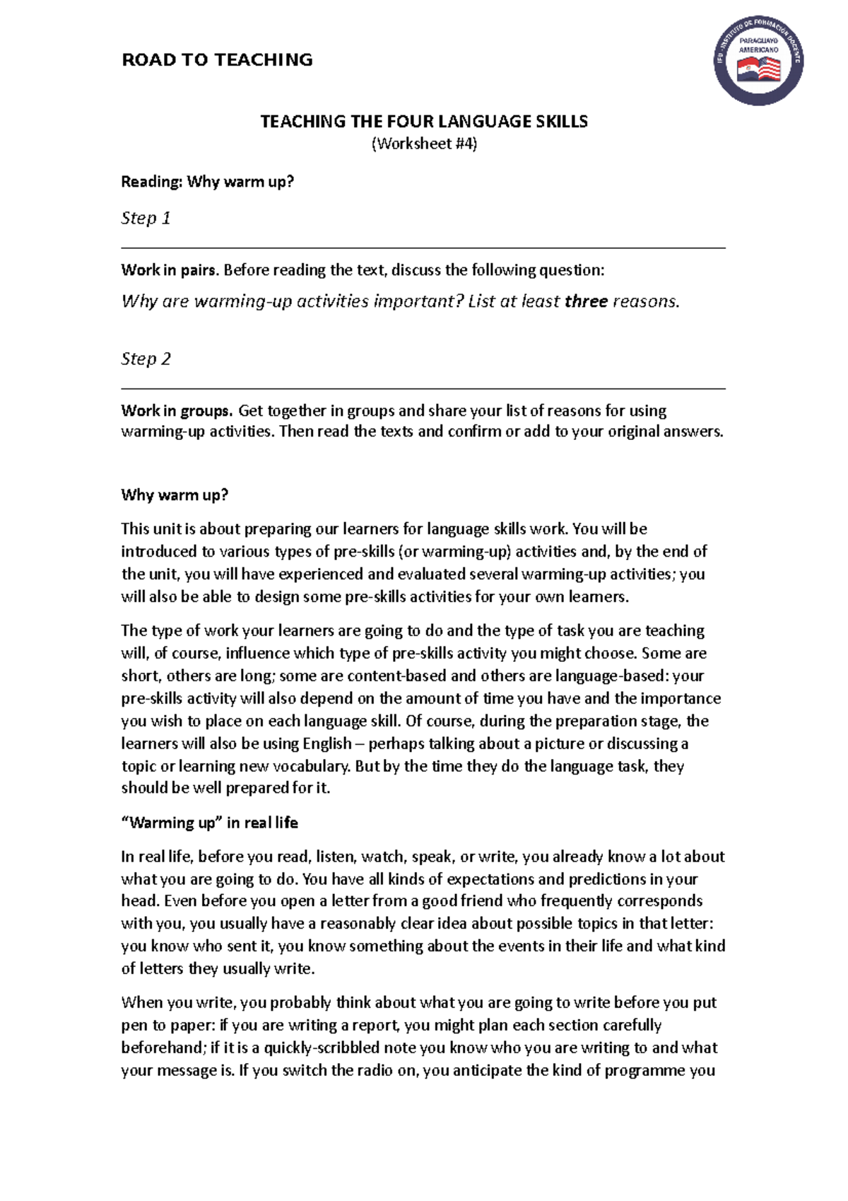 7. Teaching the 4 language skills - Worksheet #4 - ROAD TO TEACHING ...