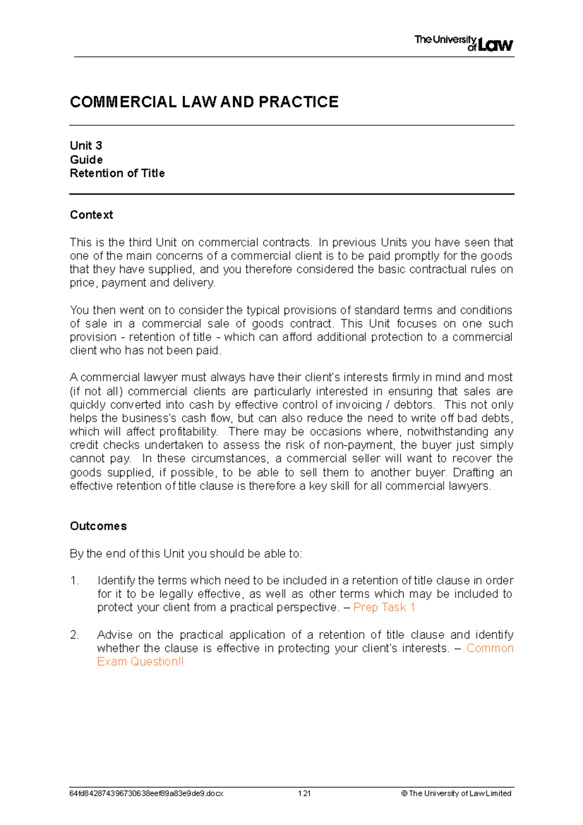 Workshop 3 Guide - COMMERCIAL LAW AND PRACTICE Unit 3 Guide Retention ...