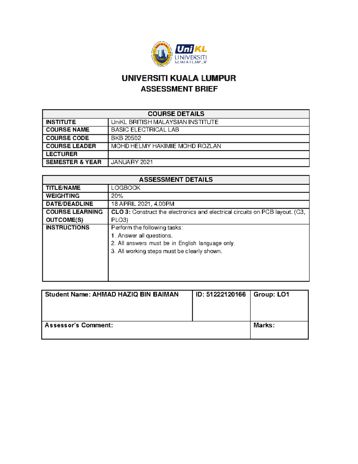 BKB20502 Logbook Cover S121 Ahmad Haziq 51222212016 6 - ASSESSMENT ...