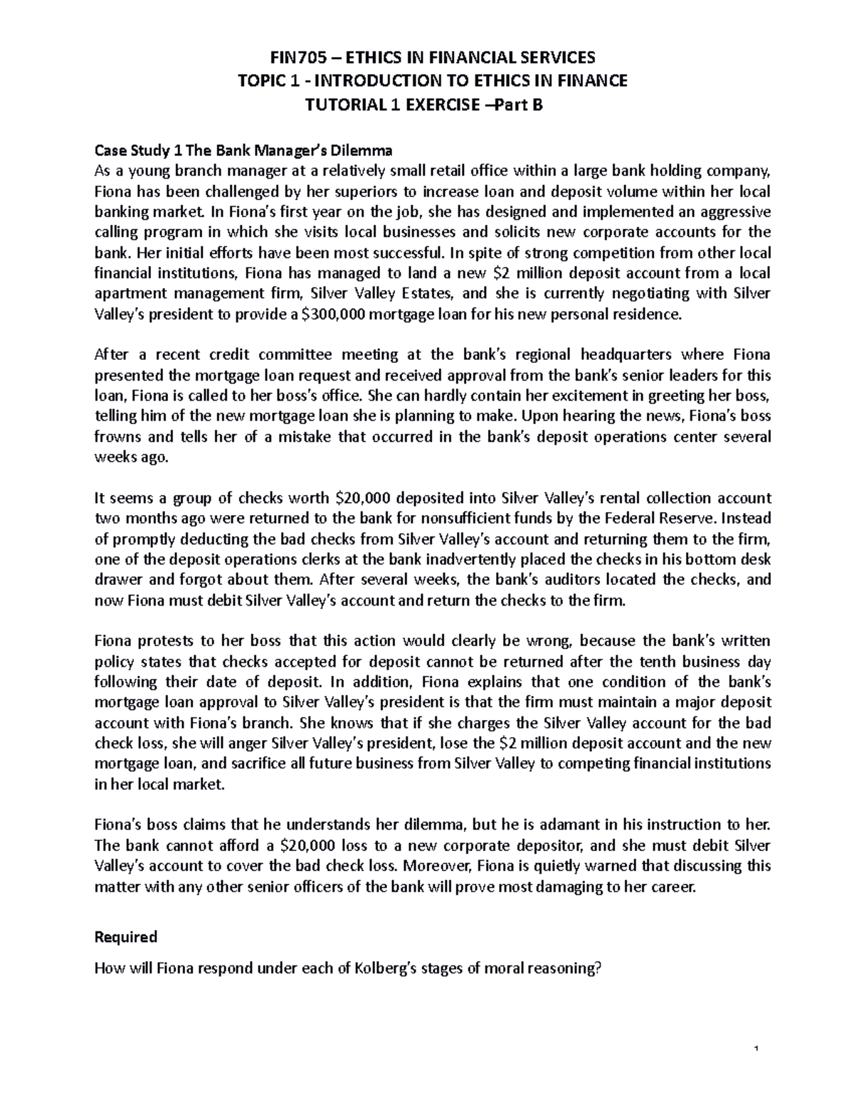 Tutorial 1 Questions - Part B - FIN705 – ETHICS IN FINANCIAL SERVICES ...