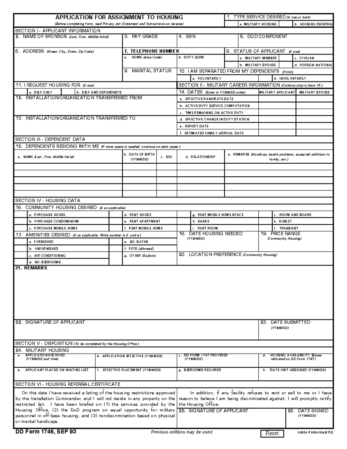 DD Form 1746, Application for Assignment to Housing - DD Form 1746, SEP ...