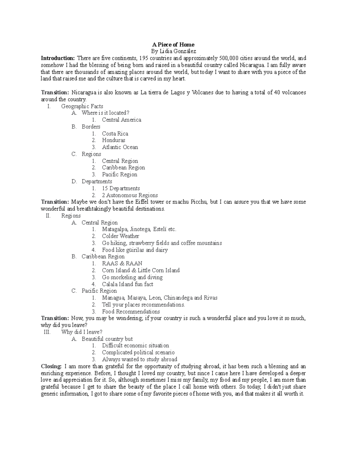 TED TALK- Outline - A Piece of Home By Lidia González Introduction ...