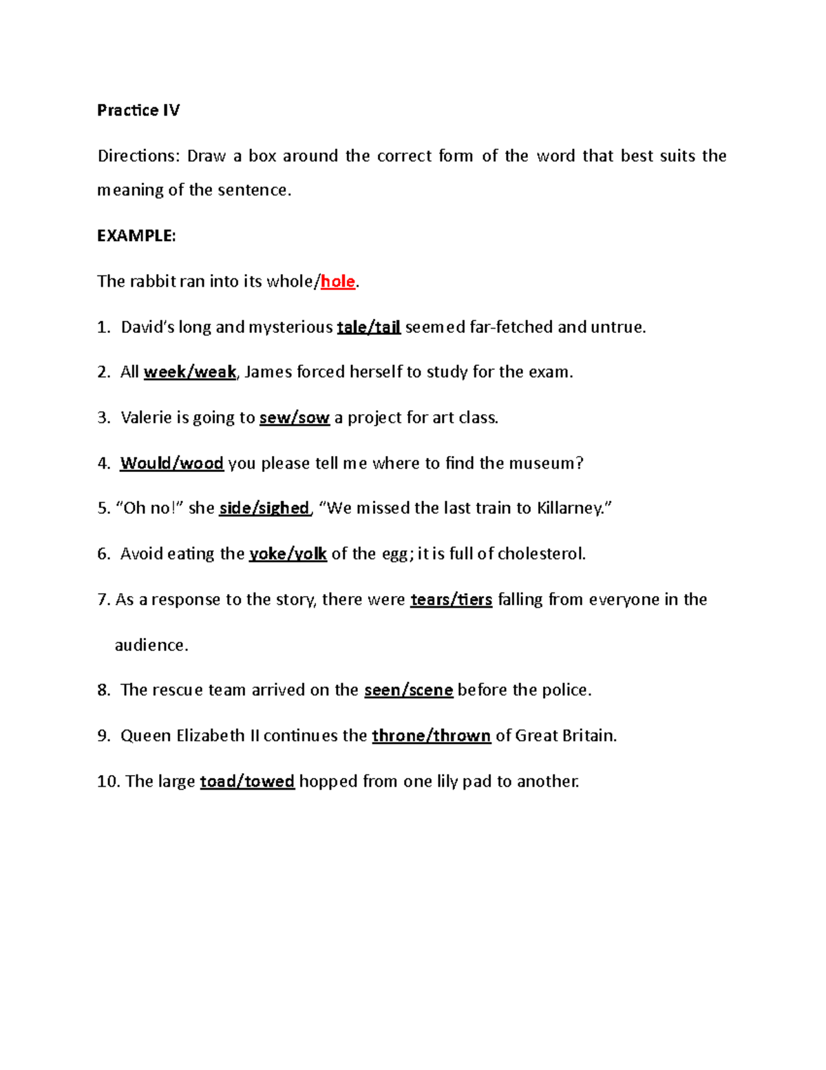 Activity 7 Sentences - Draw a box around the correct form of the word ...