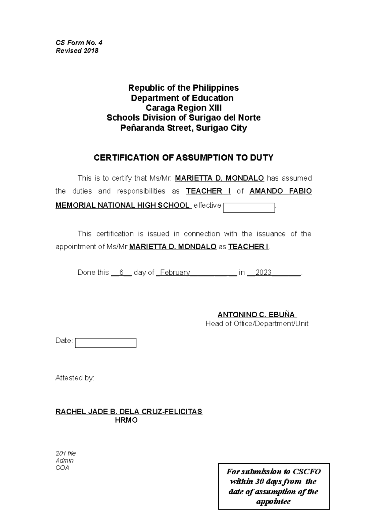 Assumption - REFERENCE - CS Form No. 4 Revised 2018 Republic of the ...