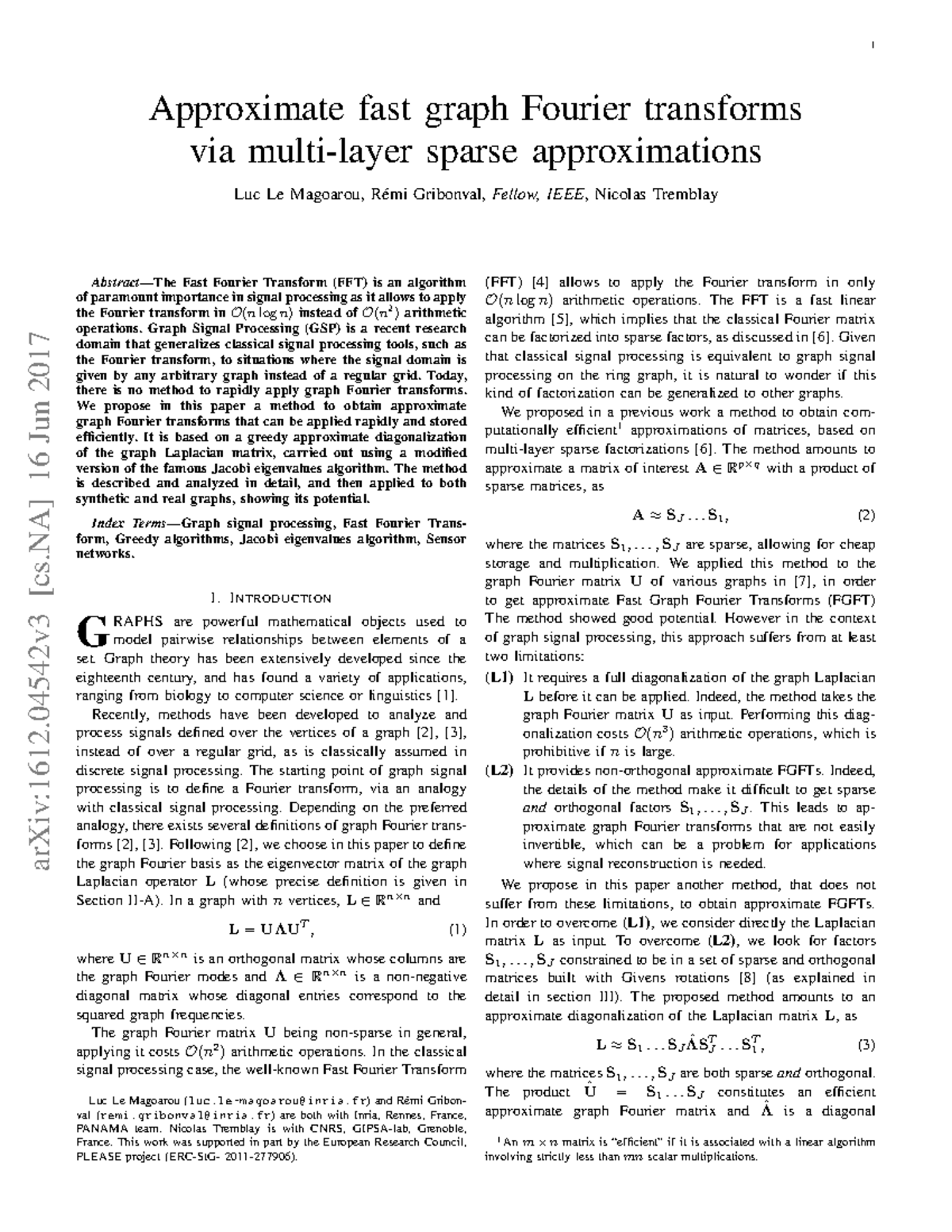 Approximate Fast Graph Fourier Transforms Graph Signal Processing Gsp Is A Recent Research