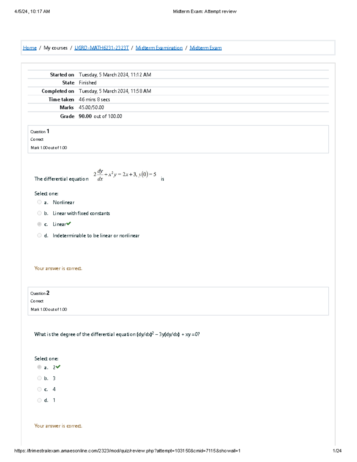 Midterm Exam diff midterm - Home / My courses / UGRD-MATH6231-2323T ...