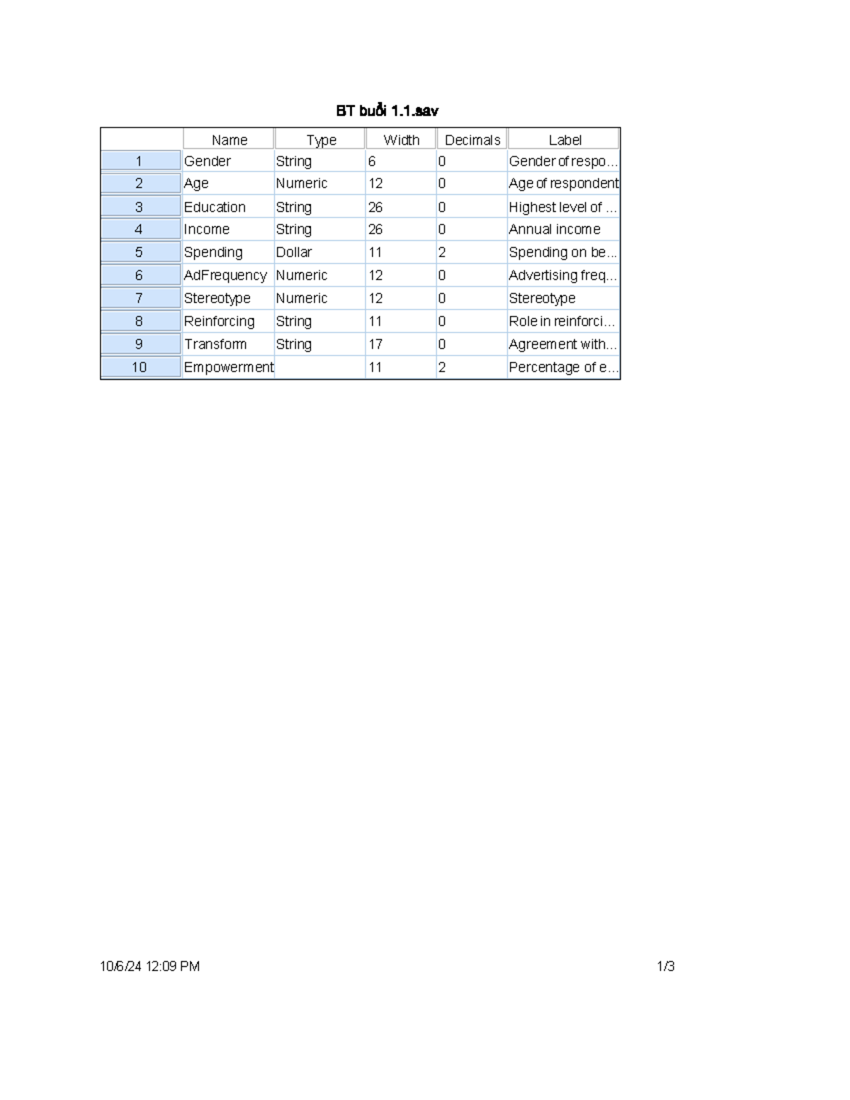 BT buổi 1.1.sav [Data Set 1] - 10/6/24 12:09 PM 1/ Name Type Width ...