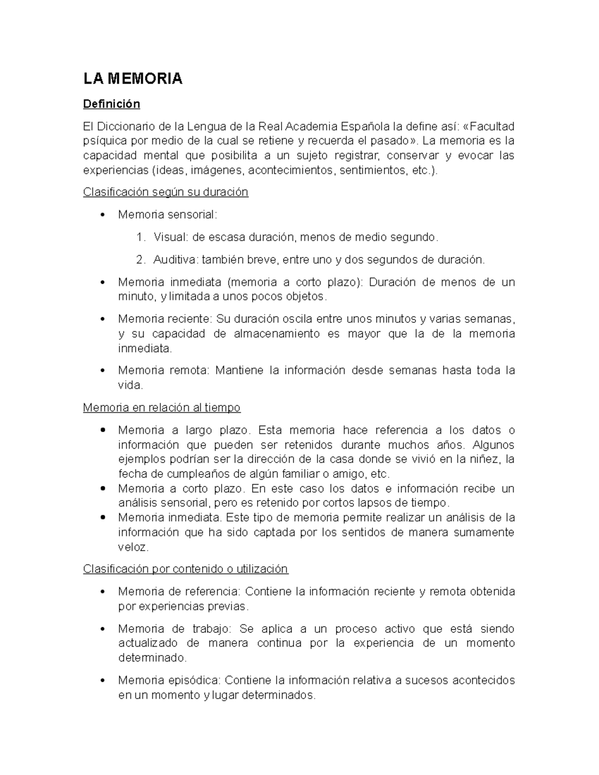 Memoria - LA MEMORIA Definición El Diccionario de la Lengua de la Real ...