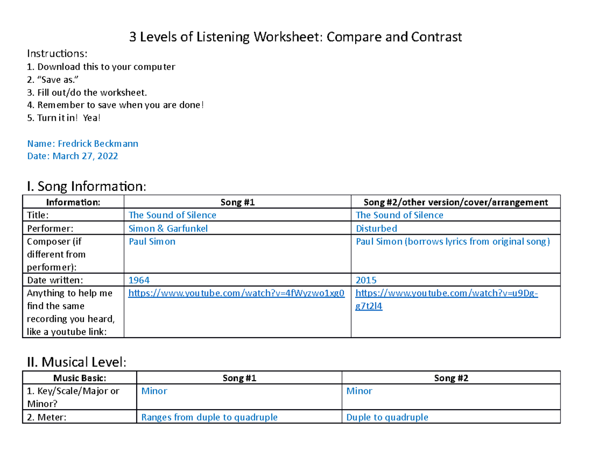3 Levels of Listening #4 Worksheet on Blackboard - Compare and Contrast ...
