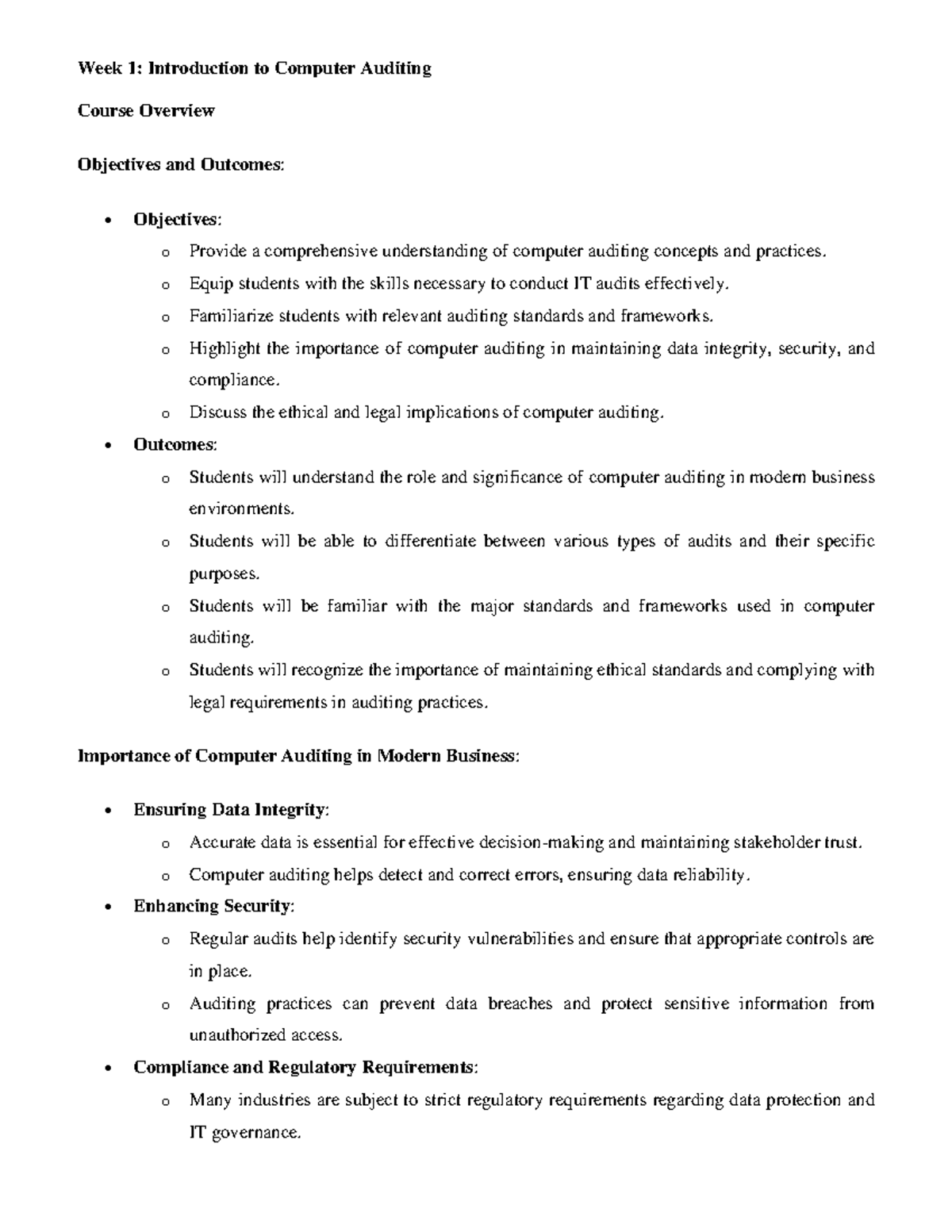 Lesson 1 - Week 1: Introduction to Computer Auditing Course Overview Objectives and Outcomes ...