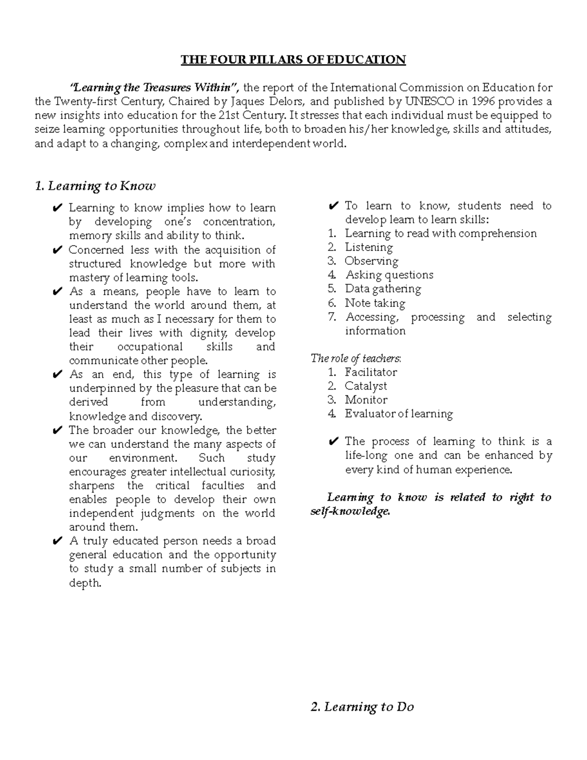 THE FOUR Pillars OF Education - THE FOUR PILLARS OF EDUCATION “Learning ...