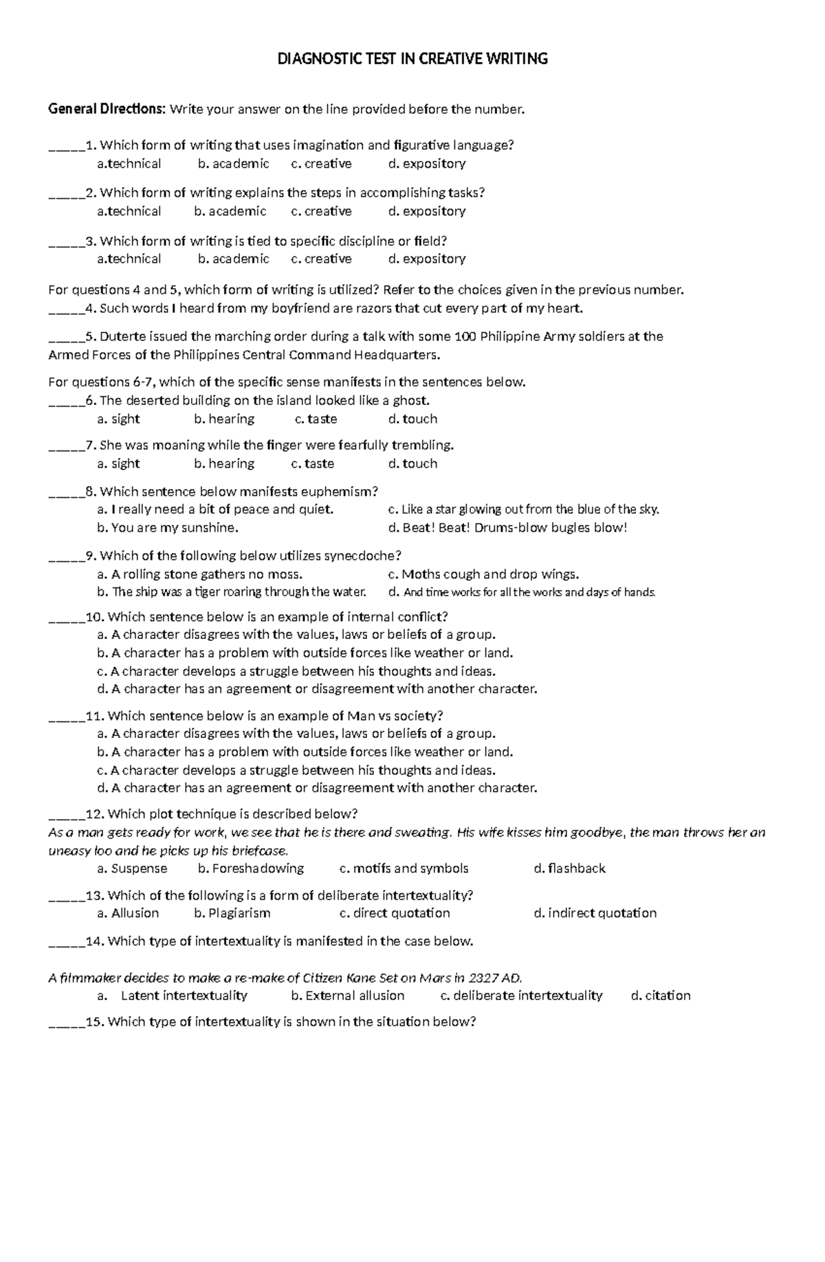 Diagnostic TEST IN Creative Writing - DIAGNOSTIC TEST IN CREATIVE ...