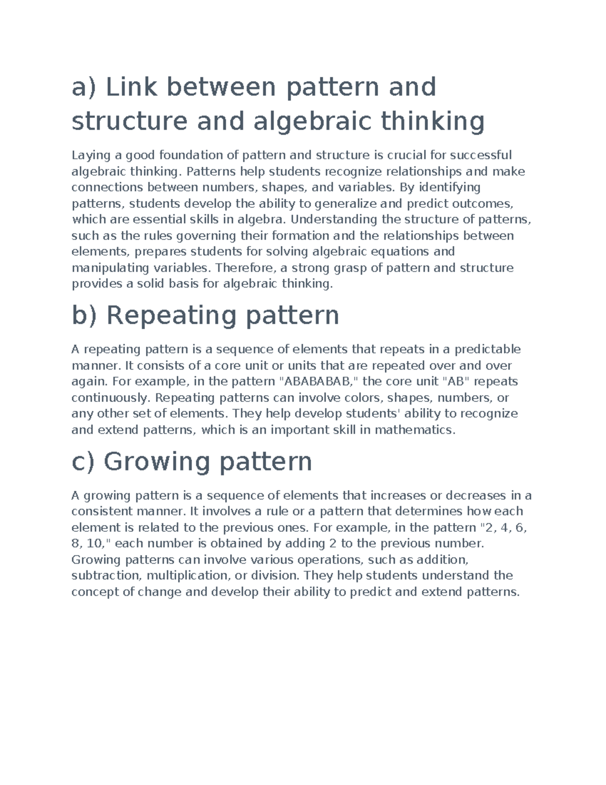 ST10439611 TIMA5111 ICE TASK3 - a) Link between pattern and structure and algebraic thinking ...