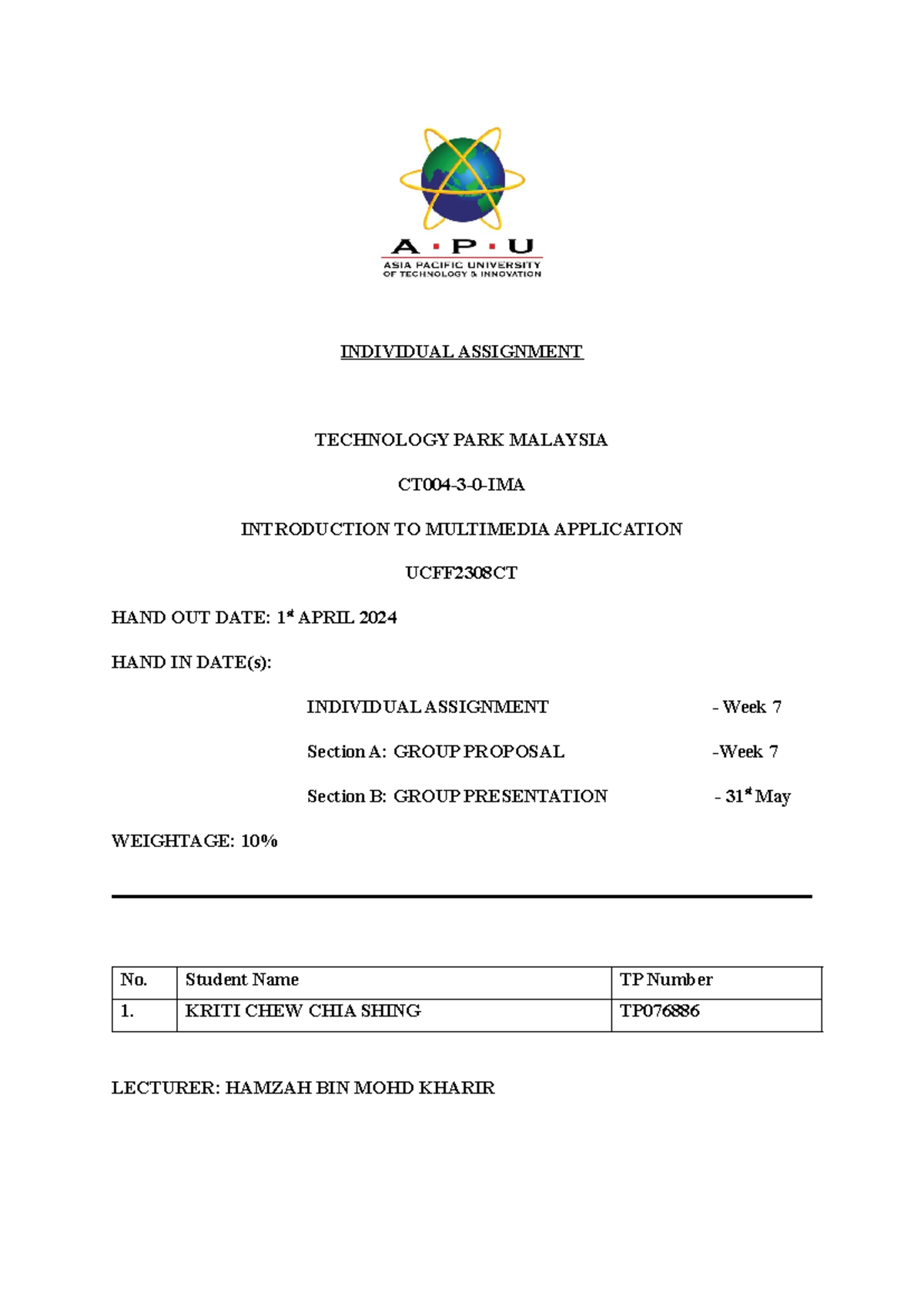 Individual Assignment IMA - INDIVIDUAL ASSIGNMENT TECHNOLOGY PARK MALAYSIA CT004-3-0-IMA - Studocu