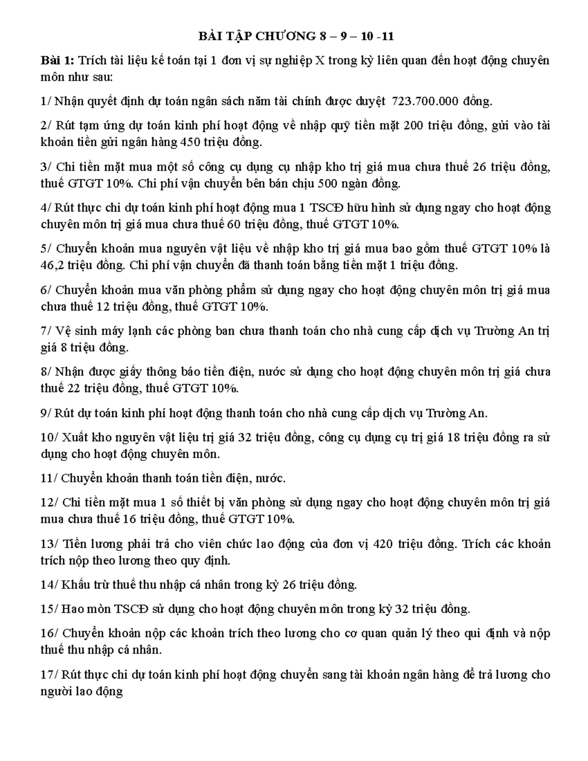 BÀI TẬP CHƯƠNG 8 9 10 11 1 - kế toán hành chính sự nghiệp - BÀI TẬP CHƯƠNG 8 – 9 – 10 - Bài 1 ...