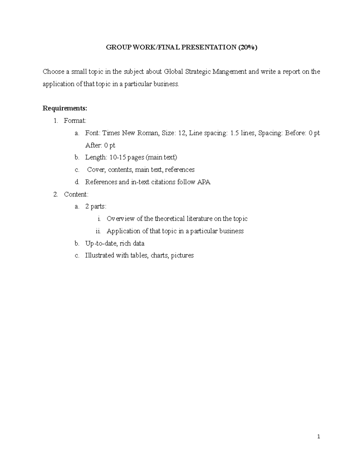 Group work - Final presentation - GROUP WORK/FINAL PRESENTATION (20% ...