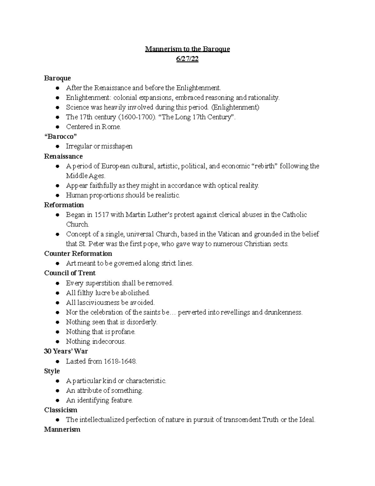 Mannerism to the Baroque Notes - Mannerism to the Baroque 6/27/ Baroque ...