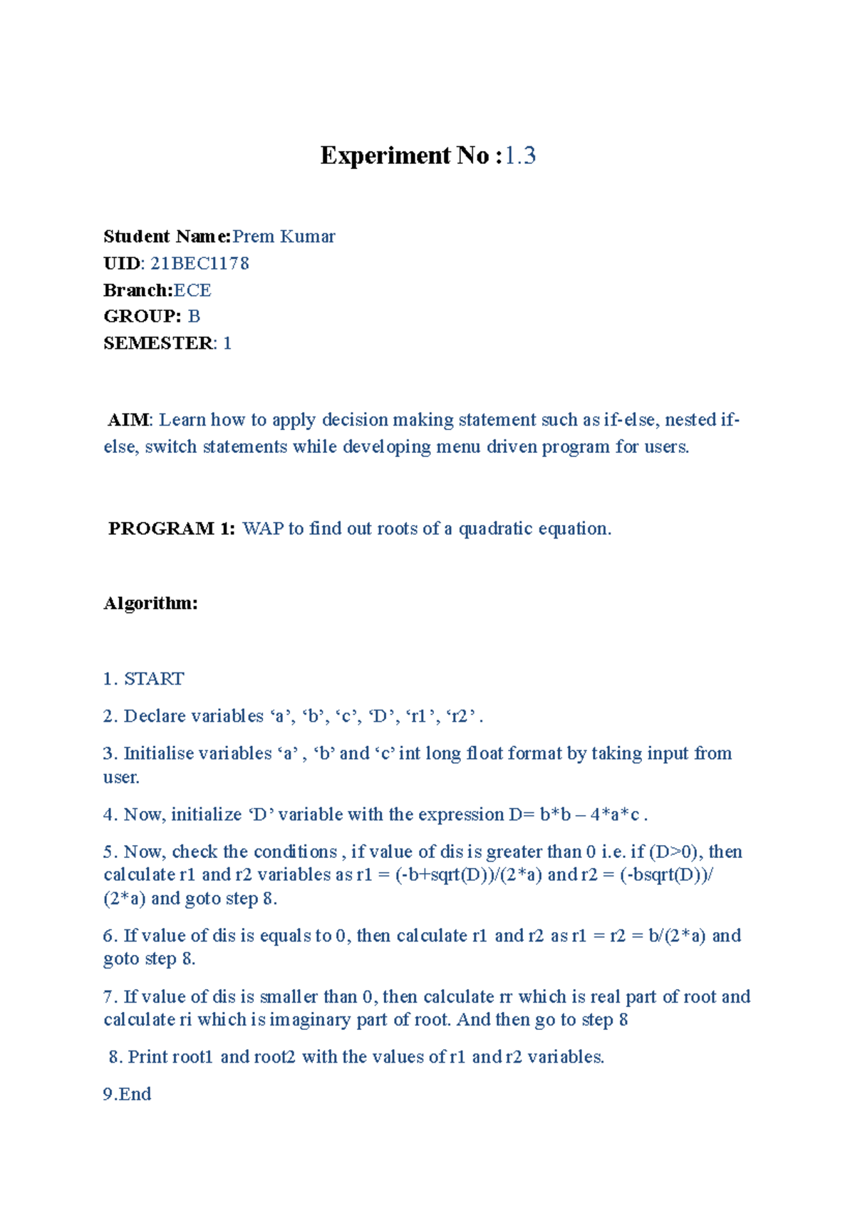 Exp 13 Write A Program In C Using Turbo Or Codeblock Experiment No