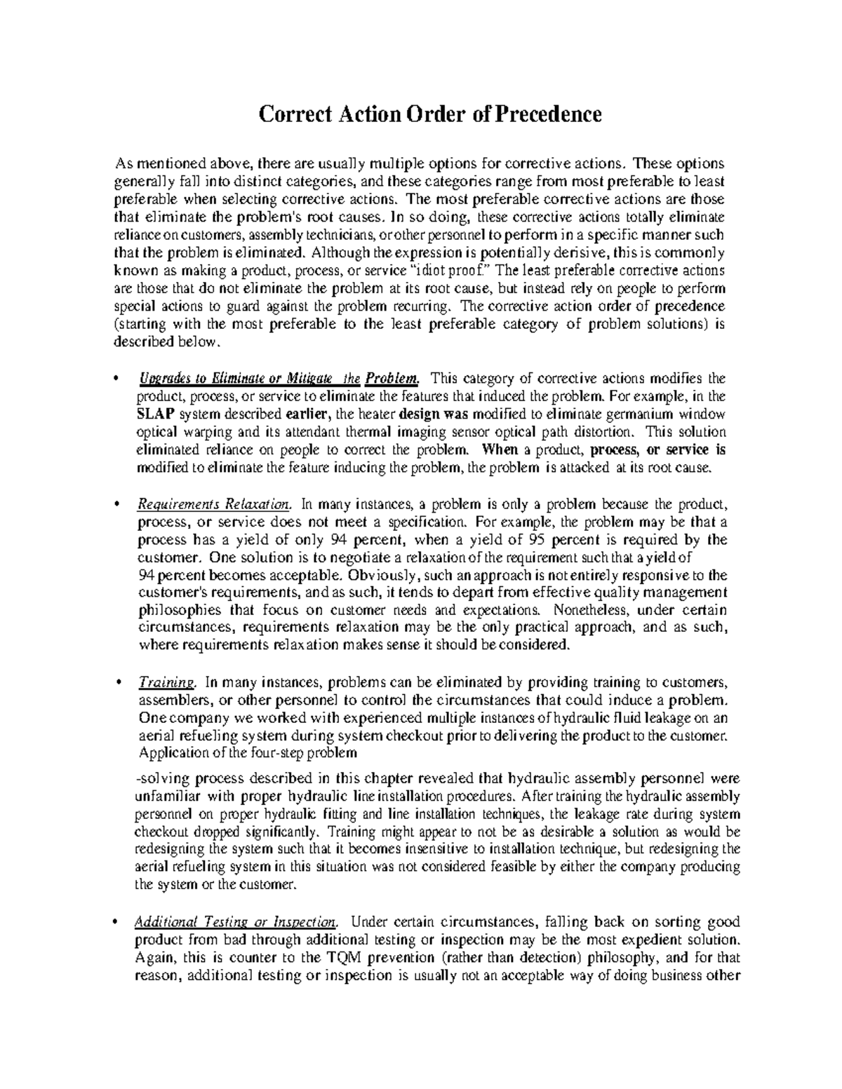 Correct Action Order of Precedence - These options generally fall into ...