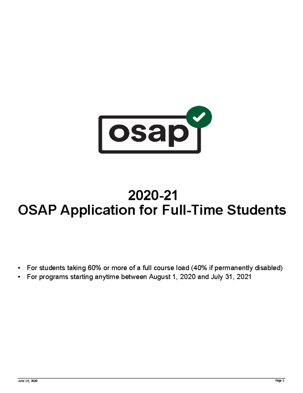 Paper App FT 2020-21 Jun 16-20 - 2020- OSAP Application for Full-Time ...