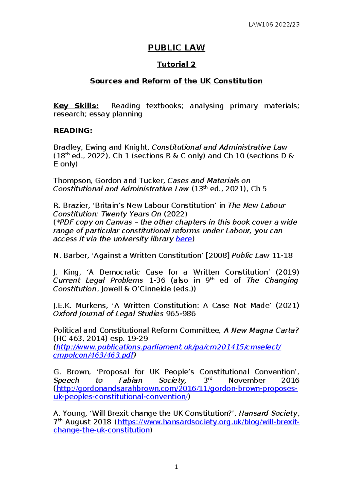 Law106 Tutorial 2 Public Law Tutorial 2 Sources And Reform Of The Uk Constitution Key Skills