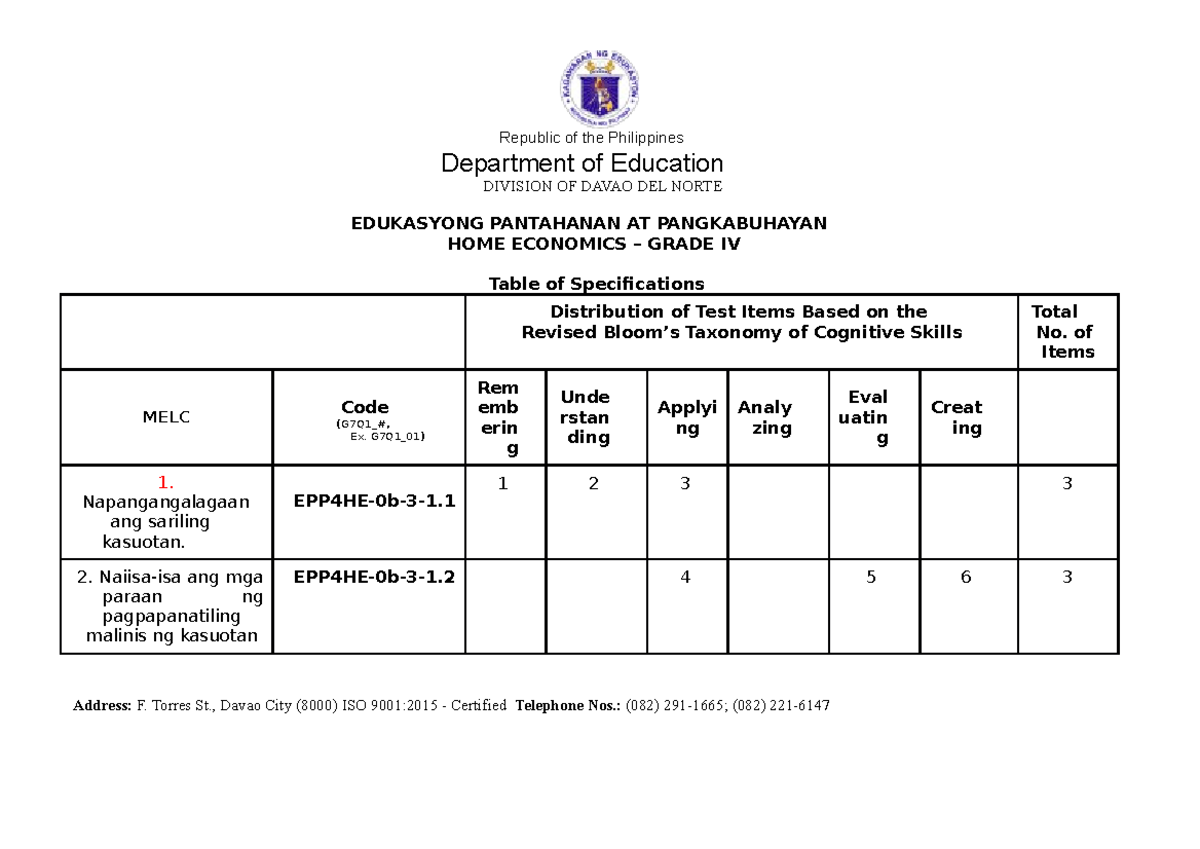 2. TOS EPP HOME Economics - Republic of the Philippines Department of ...