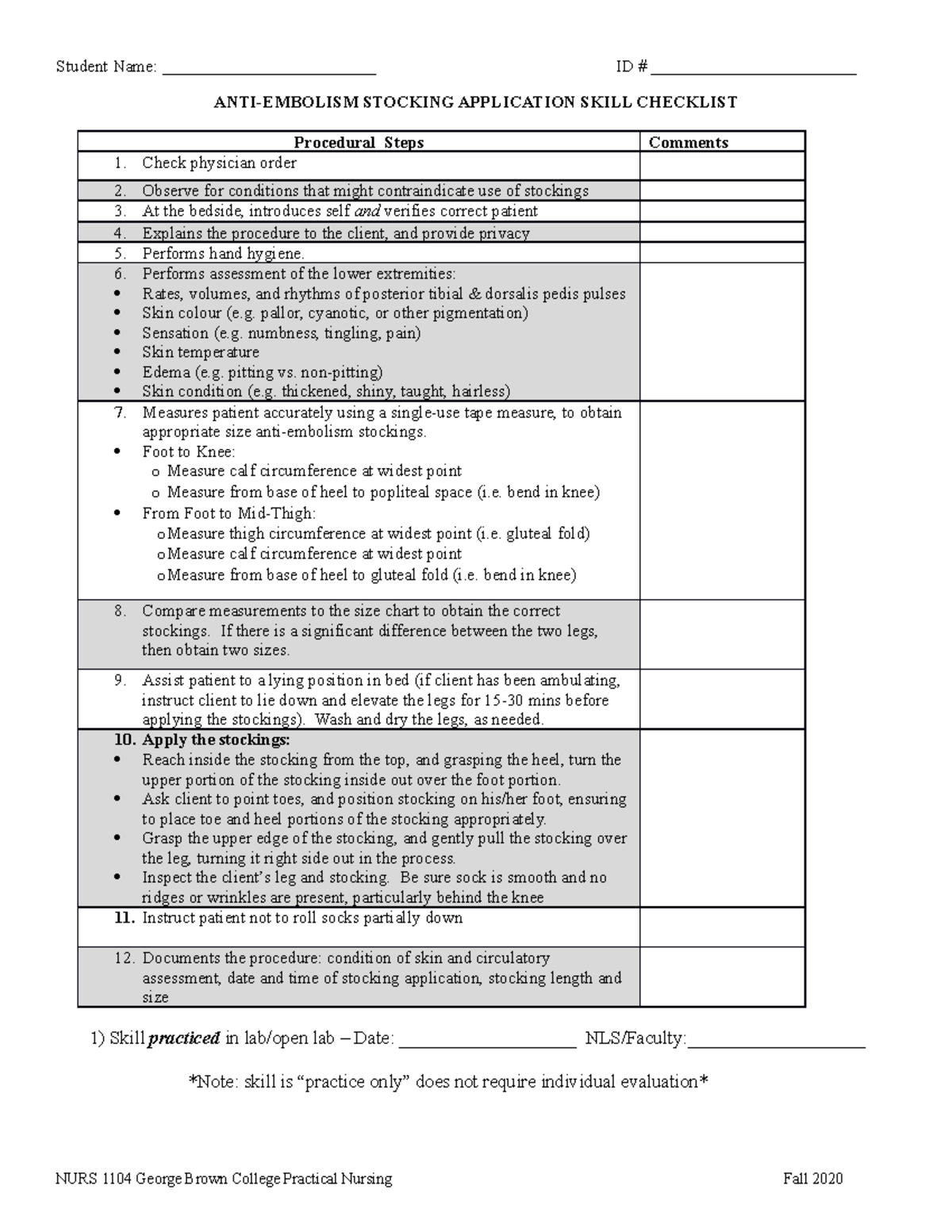 Skill Checklist - Anti-Embolism Stocking Application F2020 - NURS 1109 ...
